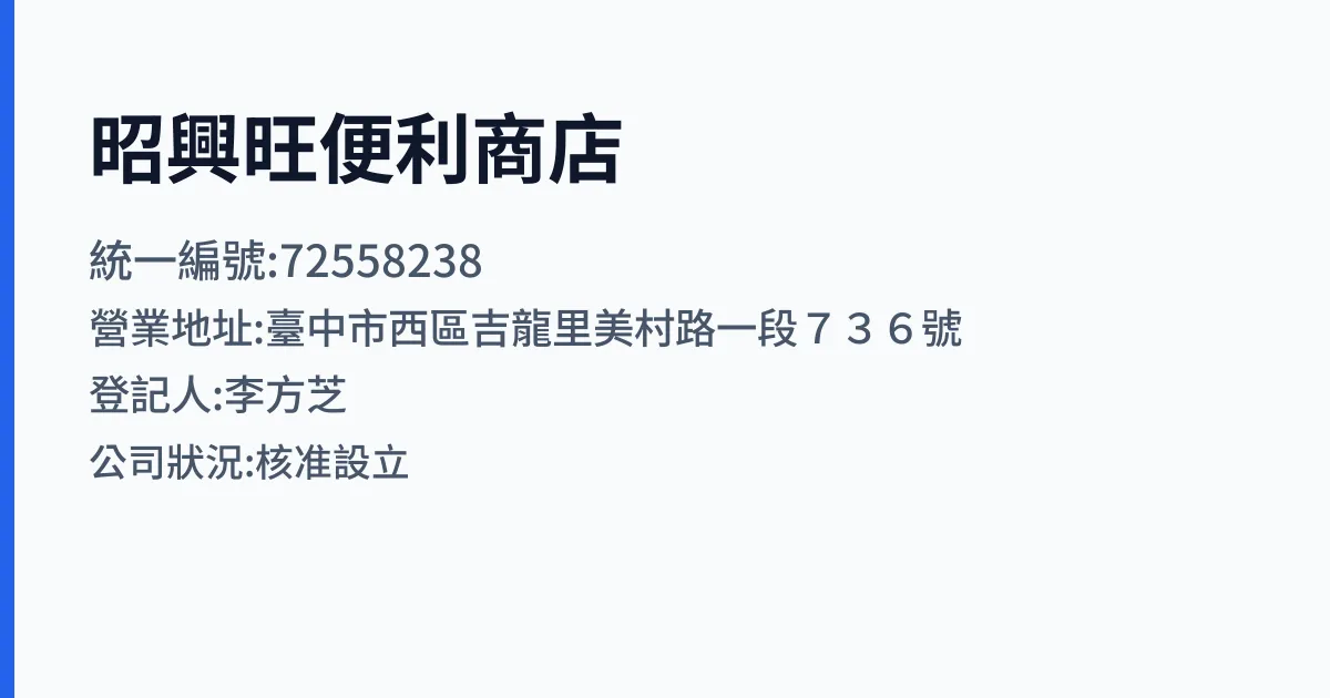 昭興旺便利商店 - 統編 72558238(臺中市) 公司登記資料與營業項目詳細圖表