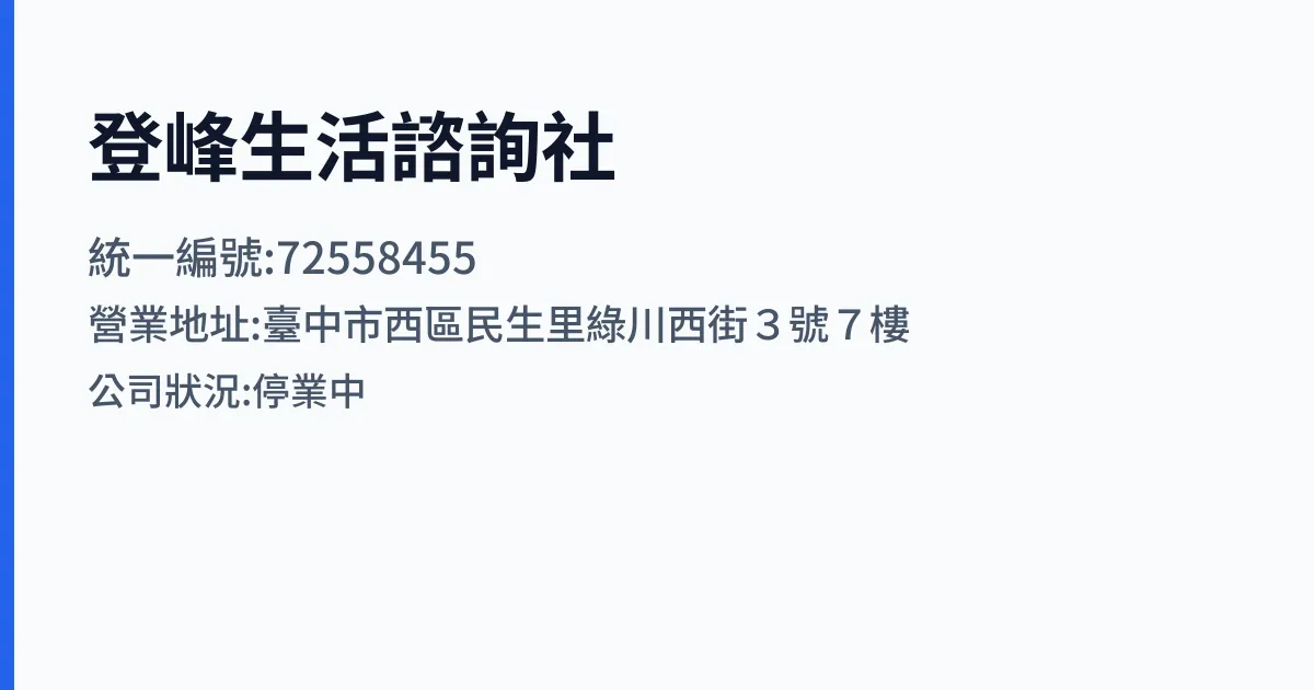 登峰生活諮詢社 - 統編 72558455(臺中市) 公司登記資料與營業項目詳細圖表