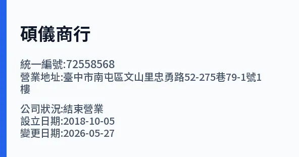 碩儀商行的照片-統編 72558568(臺中市) 公司登記資料與營業項目詳細圖表