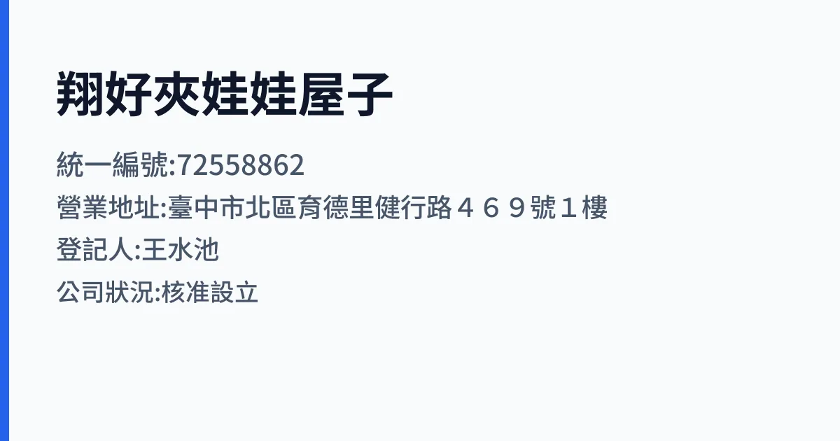 翔好夾娃娃屋子 - 統編 72558862(臺中市) 公司登記資料與營業項目詳細圖表