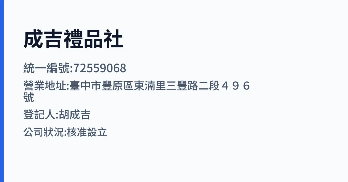 成吉禮品社 - 統編 72559068(臺中市) 公司登記資料與營業項目詳細圖表