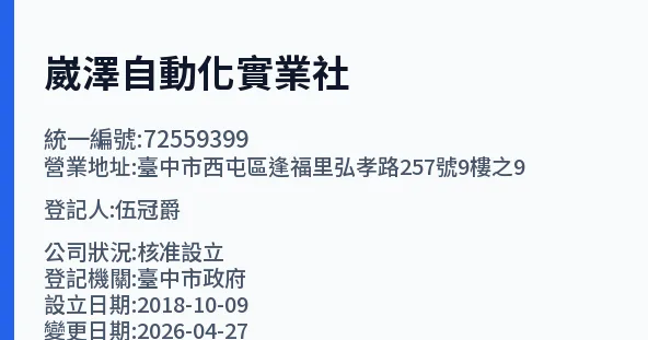 崴澤自動化實業社的照片-統編 72559399(臺中市) 公司登記資料與營業項目詳細圖表