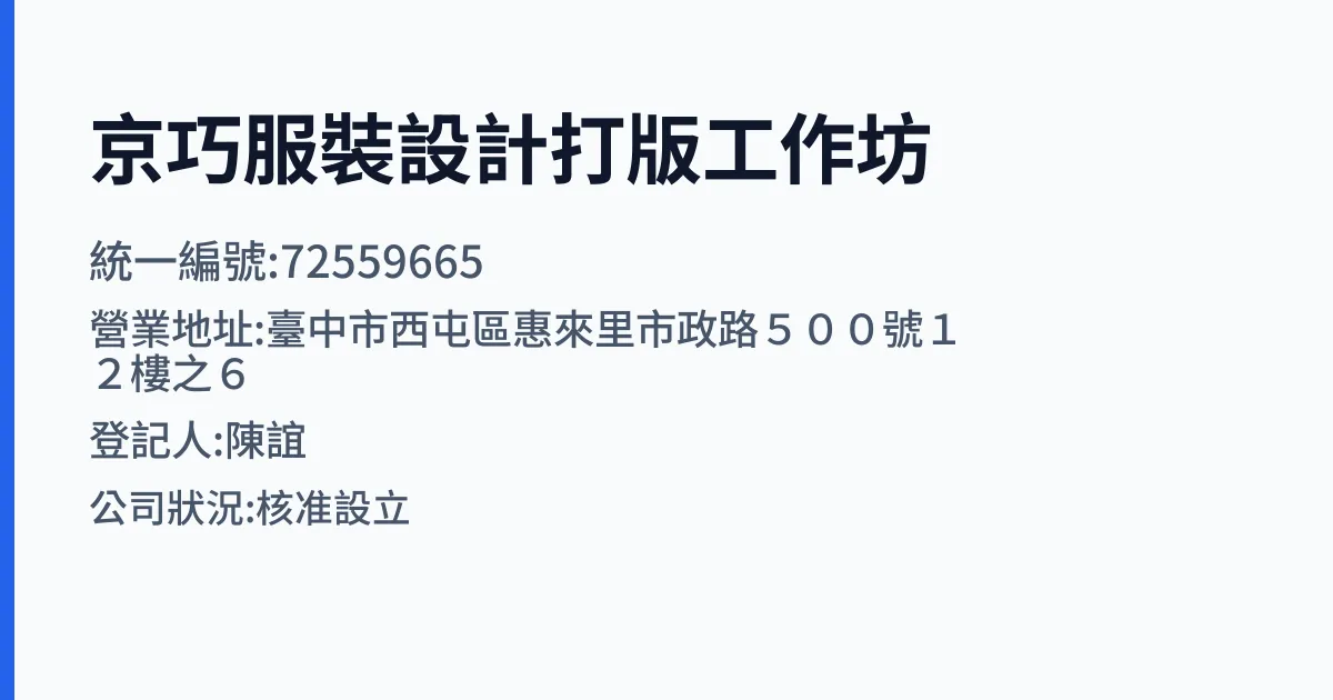 京巧服裝設計打版工作坊 - 統編 72559665(臺中市) 公司登記資料與營業項目詳細圖表