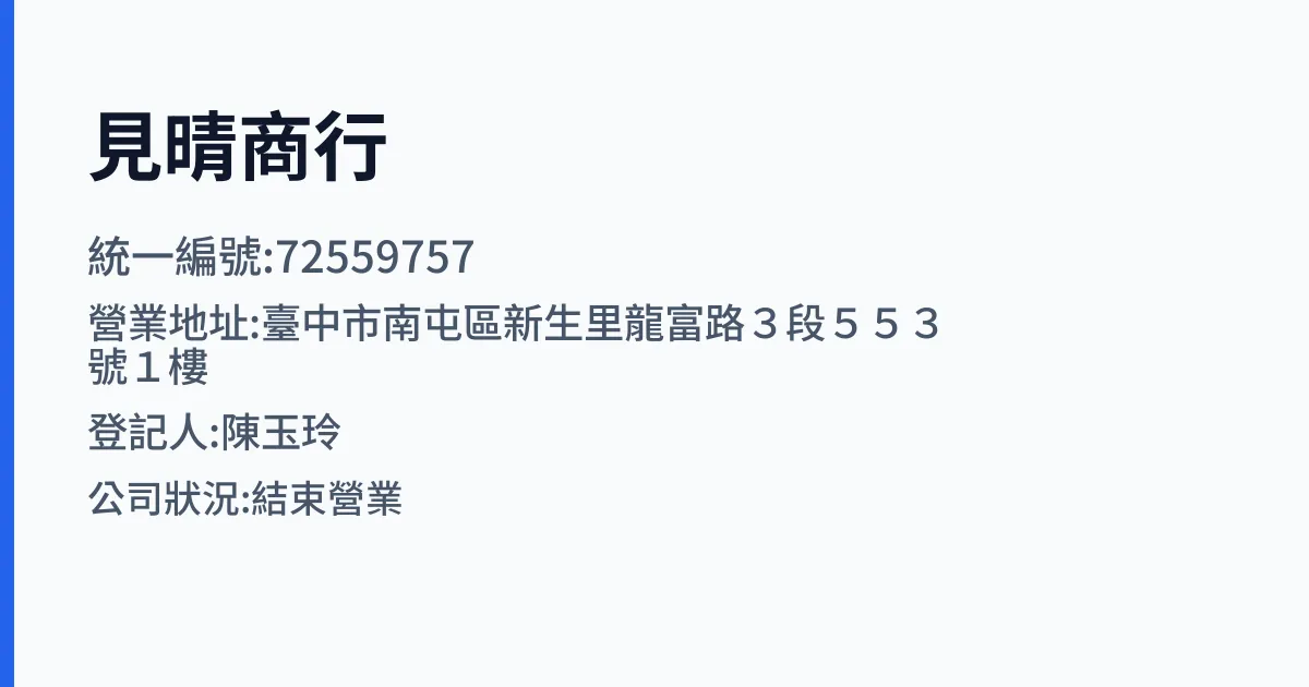 見晴商行 - 統編 72559757(臺中市) 公司登記資料與營業項目詳細圖表