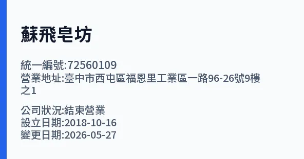 蘇飛皂坊的照片-統編 72560109(臺中市) 公司登記資料與營業項目詳細圖表