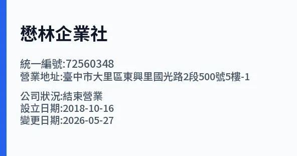 懋林企業社的照片-統編 72560348(臺中市) 公司登記資料與營業項目詳細圖表