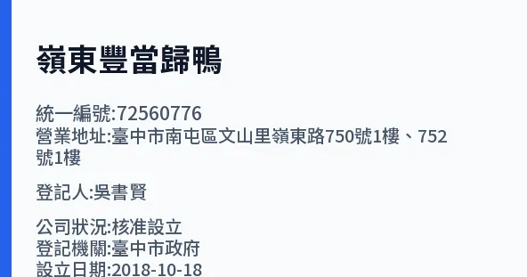 嶺東豐當歸鴨的照片-統編 72560776(臺中市) 公司登記資料與營業項目詳細圖表