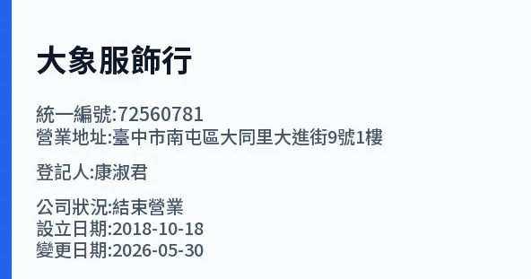 大象服飾行的照片-統編 72560781(臺中市) 公司登記資料與營業項目詳細圖表