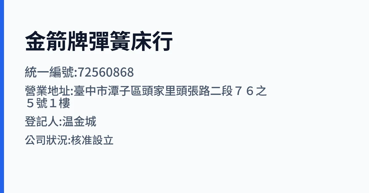 金箭牌彈簧床行 - 統編 72560868(臺中市) 公司登記資料與營業項目詳細圖表