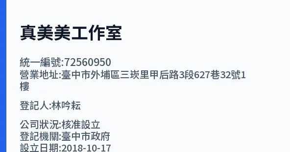 真美美工作室的照片-統編 72560950(臺中市) 公司登記資料與營業項目詳細圖表