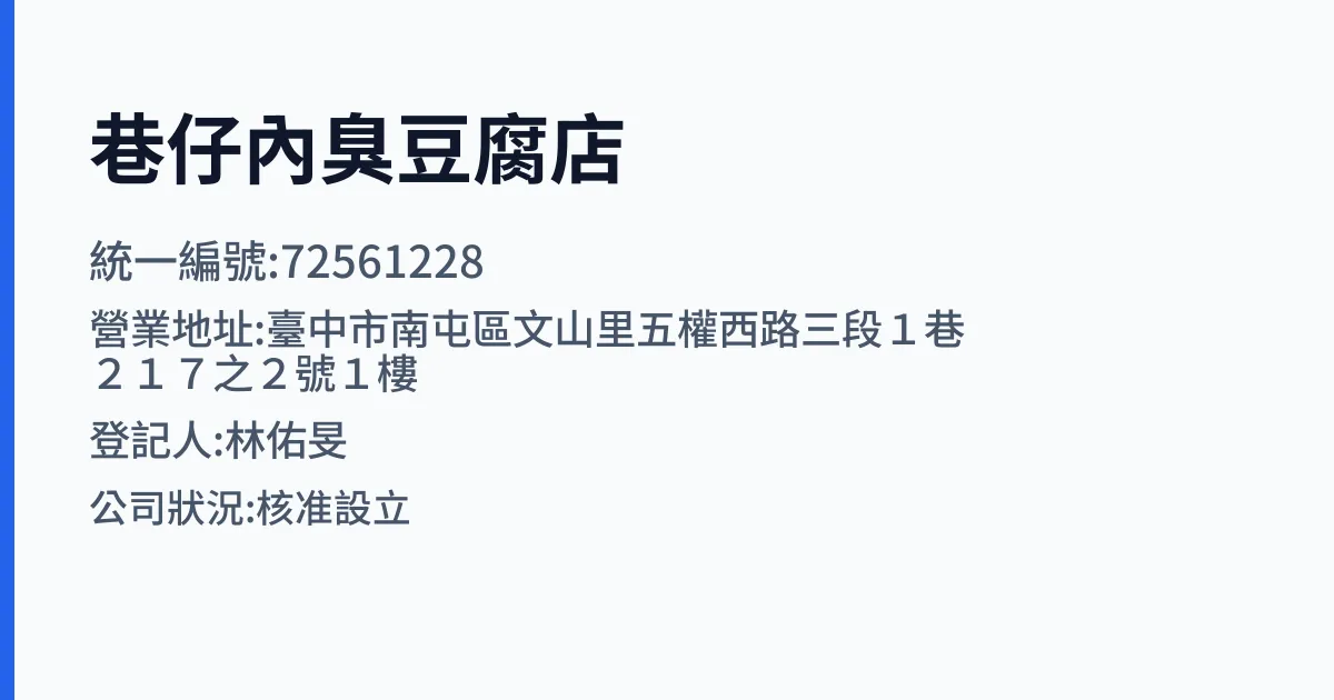 巷仔內臭豆腐店 - 統編 72561228（臺中市） 公司登記資料與營業項目詳細圖表