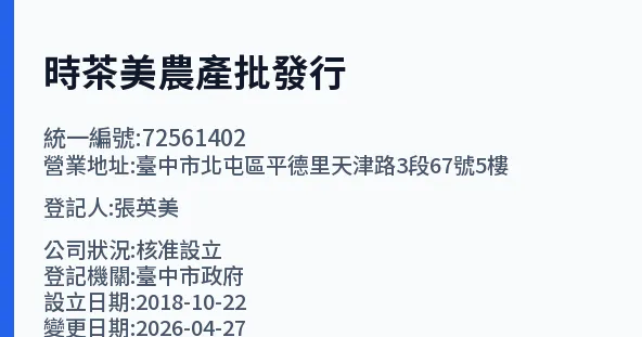 時茶美農產批發行的照片-統編 72561402(臺中市) 公司登記資料與營業項目詳細圖表