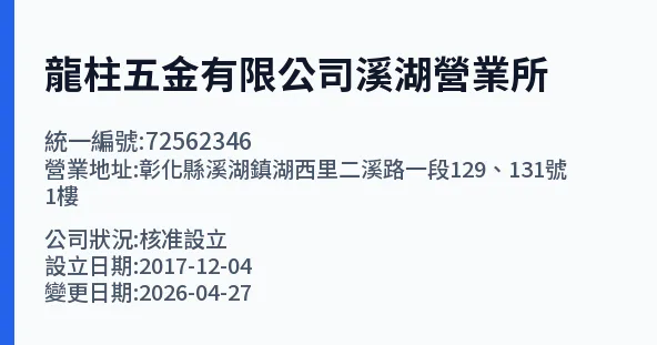 龍柱五金有限公司溪湖營業所的照片-統編 72562346(彰化縣) 公司登記資料與營業項目詳細圖表