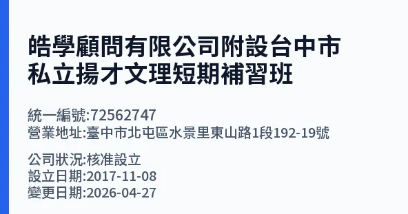 皓學顧問有限公司附設台中市私立揚才文理短期補習班的照片-統編 72562747(臺中市) 公司登記資料與營業項目詳細圖表