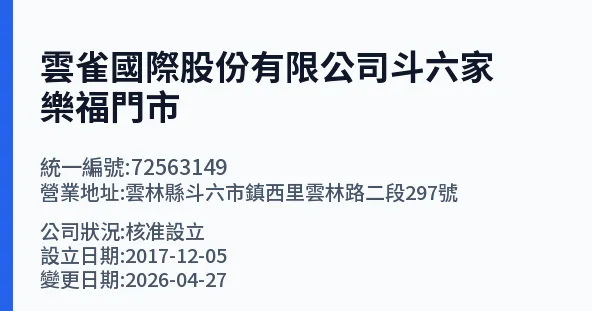 雲雀國際股份有限公司斗六家樂福門市的照片-統編 72563149(雲林縣) 公司登記資料與營業項目詳細圖表