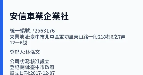 安信車業企業社的照片-統編 72563176(臺中市) 公司登記資料與營業項目詳細圖表