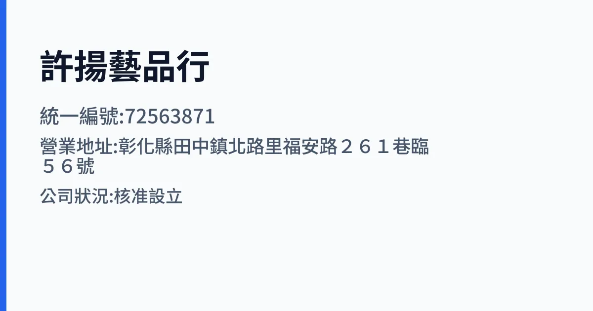 許揚藝品行 - 統編 72563871(彰化縣) 公司登記資料與營業項目詳細圖表