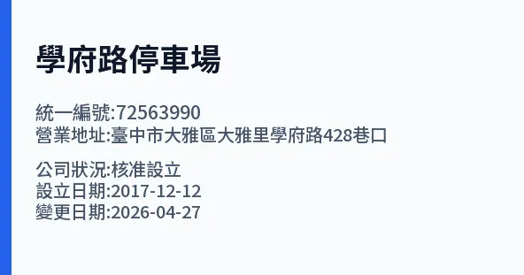 學府路停車場的照片-統編 72563990(臺中市) 公司登記資料與營業項目詳細圖表