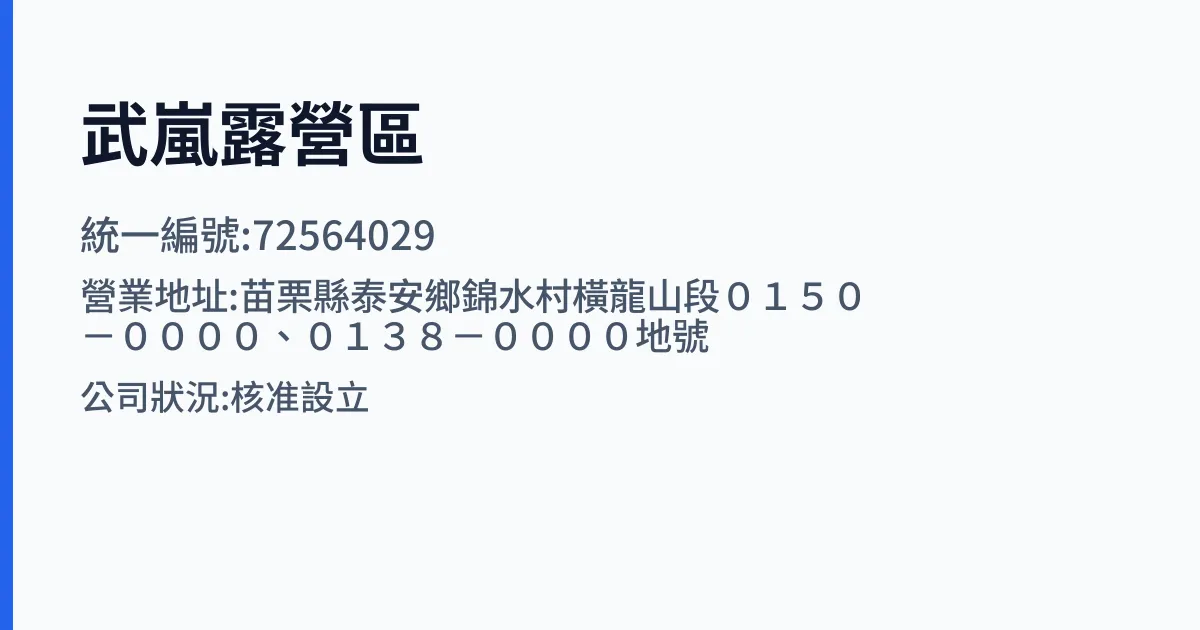 武嵐露營區 - 統編 72564029(苗栗縣) 公司登記資料與營業項目詳細圖表