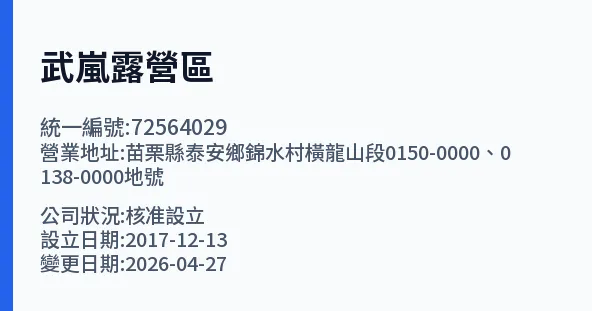 武嵐露營區的照片-統編 72564029(苗栗縣) 公司登記資料與營業項目詳細圖表