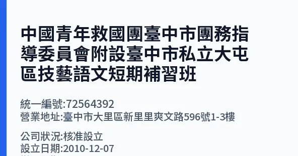 中國青年救國團臺中市團務指導委員會附設臺中市私立大屯區技藝語文短期補習班的照片-統編 72564392(臺中市) 公司登記資料與營業項目詳細圖表