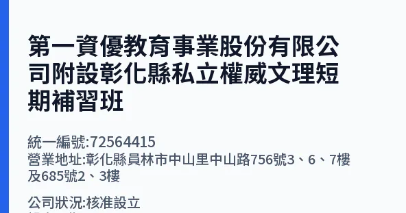 第一資優教育事業股份有限公司附設彰化縣私立權威文理短期補習班的照片-統編 72564415(彰化縣) 公司登記資料與營業項目詳細圖表