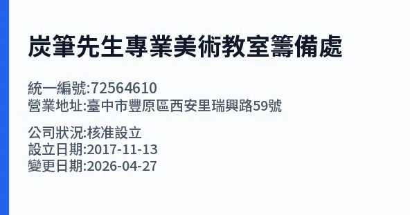炭筆先生專業美術教室籌備處的照片-統編 72564610(臺中市) 公司登記資料與營業項目詳細圖表