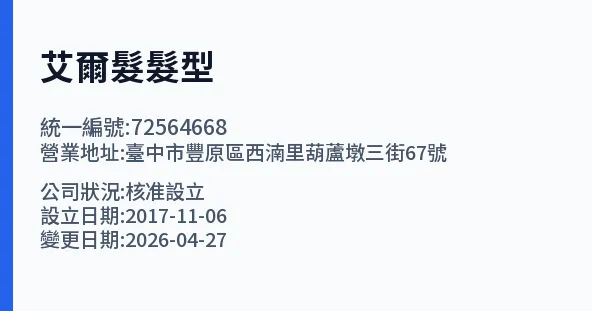 艾爾髮髮型的照片-統編 72564668(臺中市) 公司登記資料與營業項目詳細圖表