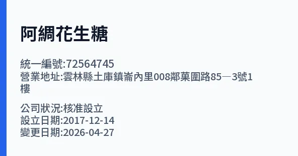 阿綢花生糖的照片-統編 72564745(雲林縣) 公司登記資料與營業項目詳細圖表