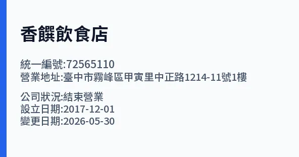 香饌飲食店的照片-統編 72565110(臺中市) 公司登記資料與營業項目詳細圖表