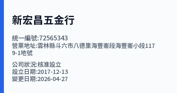 新宏昌五金行的照片-統編 72565343(雲林縣) 公司登記資料與營業項目詳細圖表