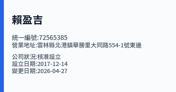 賴盈吉的照片-統編 72565385(雲林縣) 公司登記資料與營業項目詳細圖表