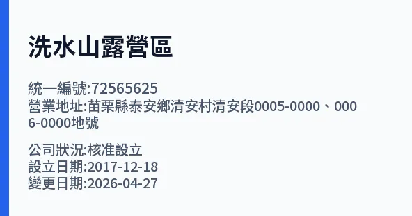 洗水山露營區的照片-統編 72565625(苗栗縣) 公司登記資料與營業項目詳細圖表