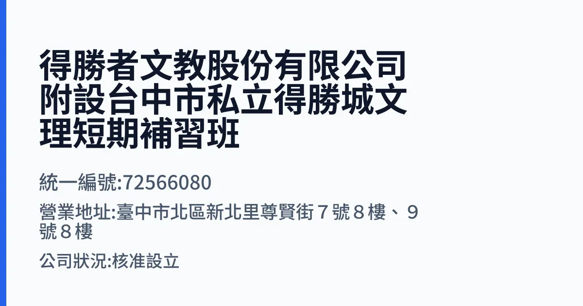 得勝者文教股份有限公司附設台中市私立得勝城文理短期補習班 - 統編 72566080(臺中市) 公司登記資料與營業項目詳細圖表