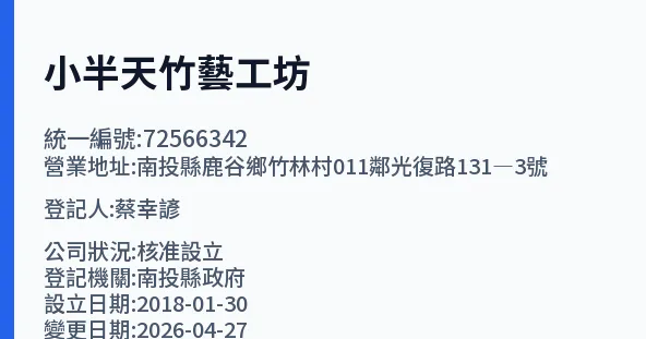 小半天竹藝工坊的照片-統編 72566342(南投縣) 公司登記資料與營業項目詳細圖表
