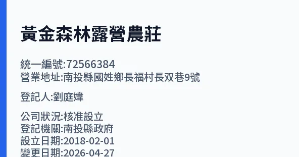 黃金森林露營農莊的照片-統編 72566384(南投縣) 公司登記資料與營業項目詳細圖表