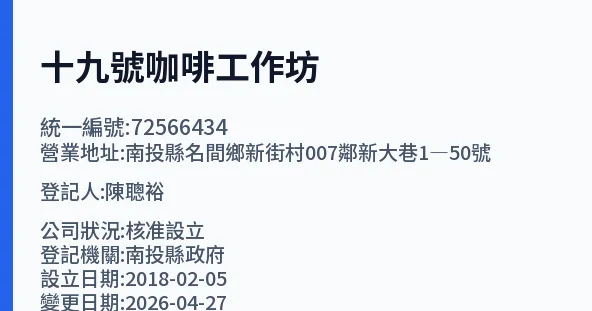 十九號咖啡工作坊的照片-統編 72566434(南投縣) 公司登記資料與營業項目詳細圖表
