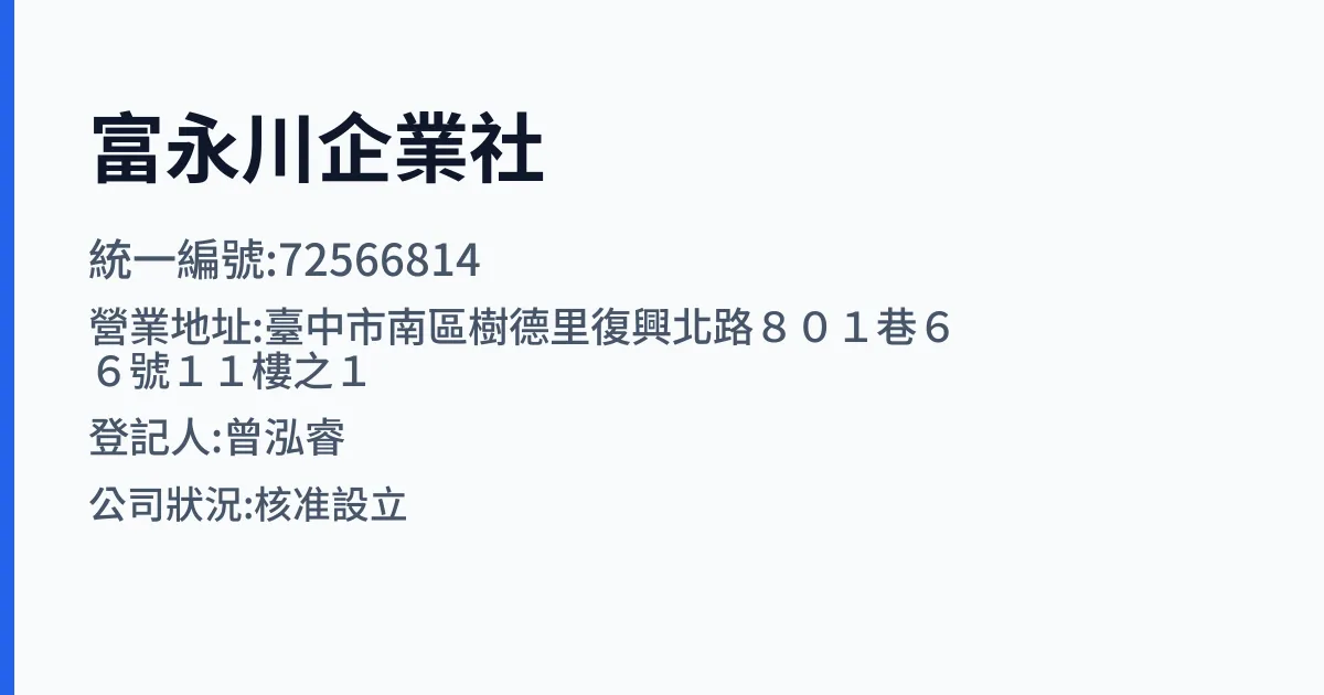 富永川企業社 - 統編 72566814(臺中市) 公司登記資料與營業項目詳細圖表