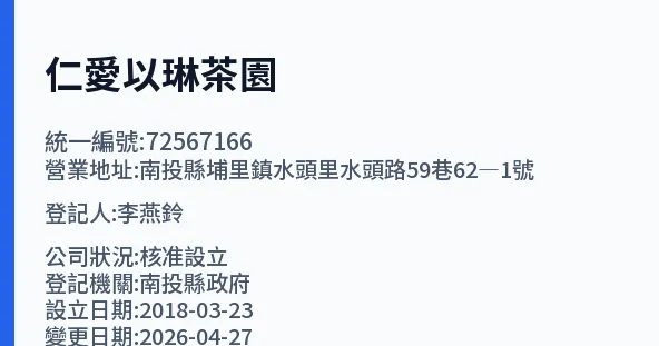 仁愛以琳茶園的照片-統編 72567166(南投縣) 公司登記資料與營業項目詳細圖表
