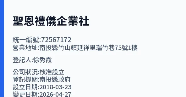 聖恩禮儀企業社的照片-統編 72567172(南投縣) 公司登記資料與營業項目詳細圖表