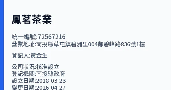 鳳茗茶業的照片-統編 72567216(南投縣) 公司登記資料與營業項目詳細圖表