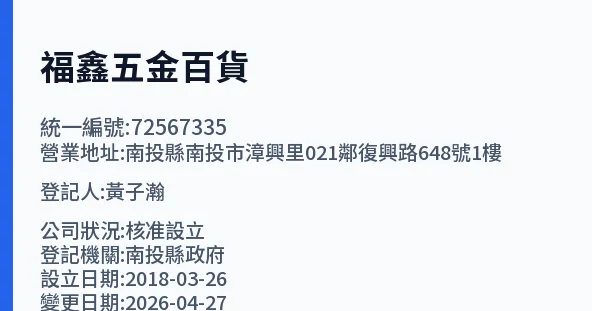 福鑫五金百貨的照片-統編 72567335(南投縣) 公司登記資料與營業項目詳細圖表
