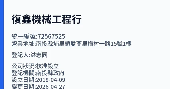 復鑫機械工程行的照片-統編 72567525(南投縣) 公司登記資料與營業項目詳細圖表