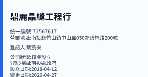 鼎麗晶縫工程行的照片-統編 72567617(南投縣) 公司登記資料與營業項目詳細圖表