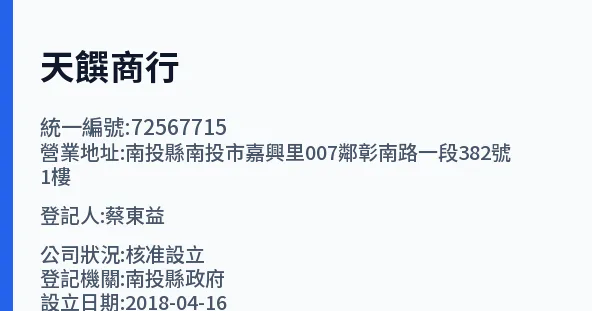 天饌商行的照片-統編 72567715(南投縣) 公司登記資料與營業項目詳細圖表