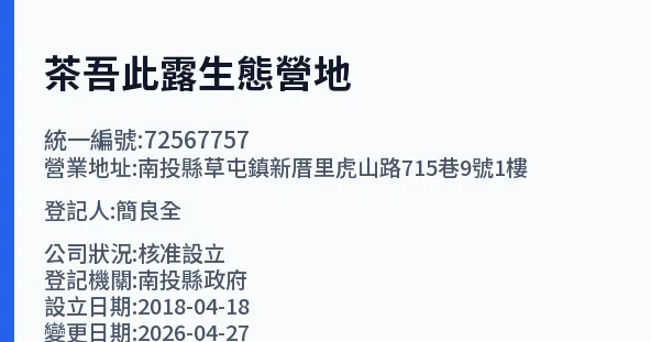 茶吾此露生態營地的照片-統編 72567757(南投縣) 公司登記資料與營業項目詳細圖表
