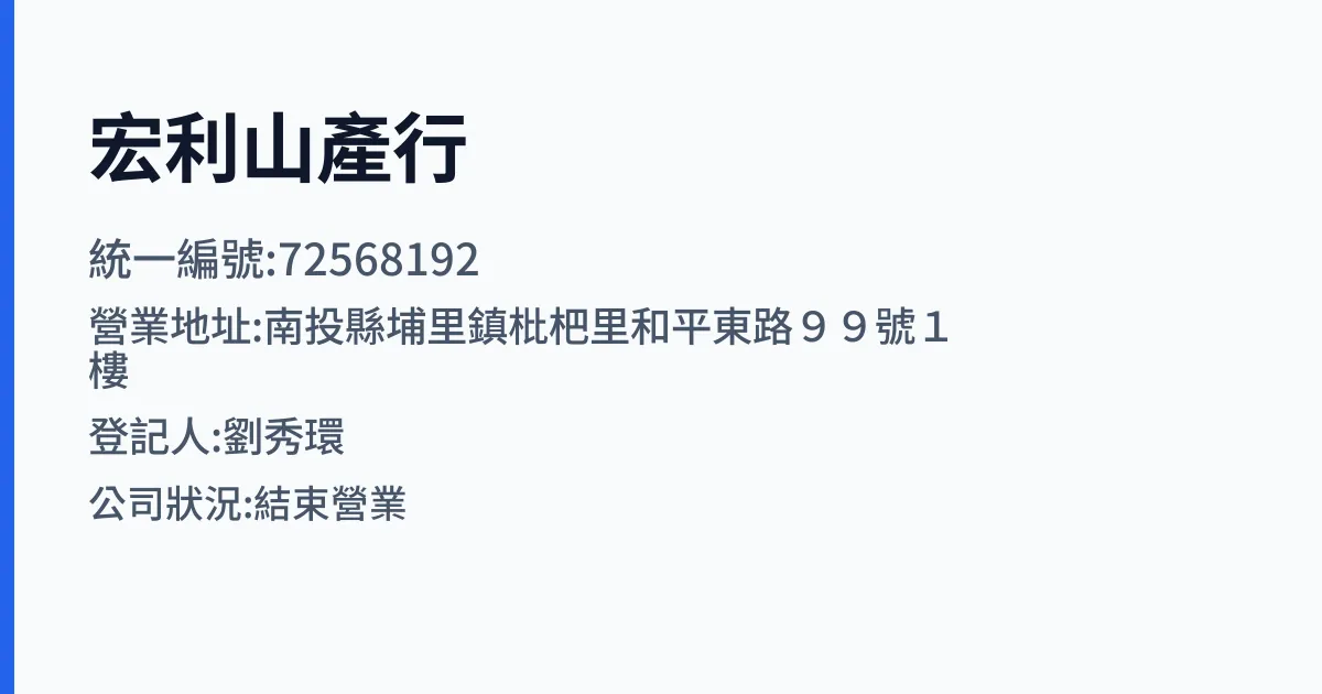 宏利山產行 - 統編 72568192(南投縣) 公司登記資料與營業項目詳細圖表
