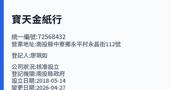 寶天金紙行的照片-統編 72568432(南投縣) 公司登記資料與營業項目詳細圖表