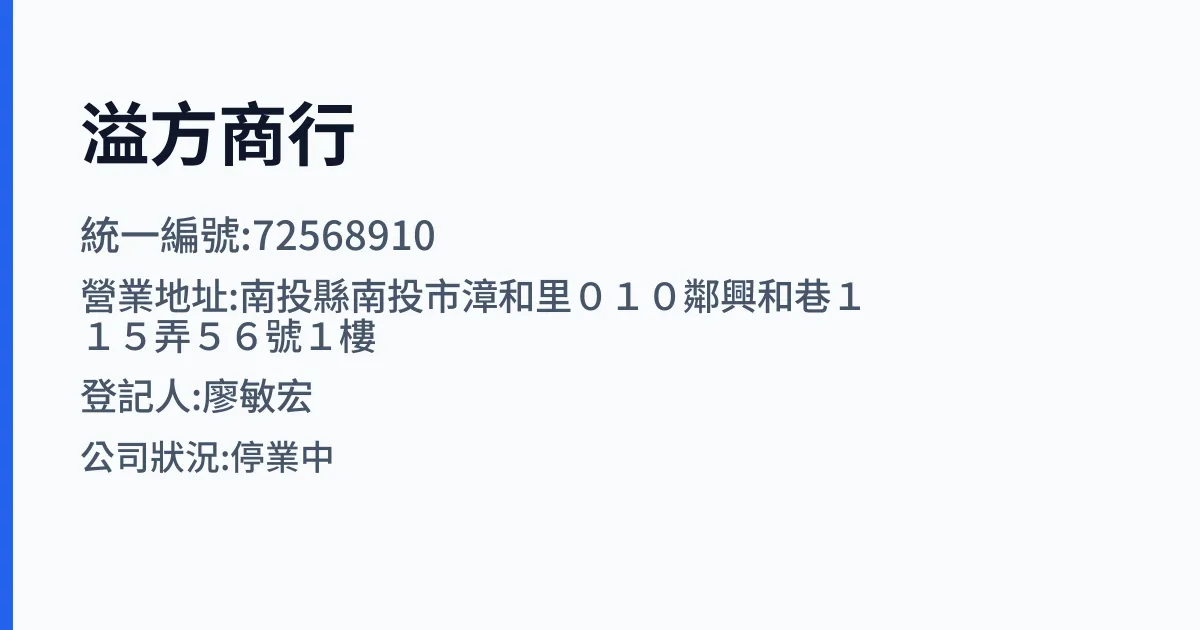 溢方商行 - 統編 72568910(南投縣) 公司登記資料與營業項目詳細圖表