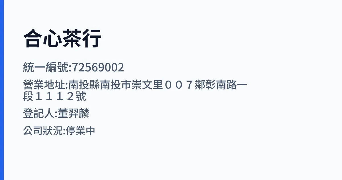合心茶行 - 統編 72569002(南投縣) 公司登記資料與營業項目詳細圖表